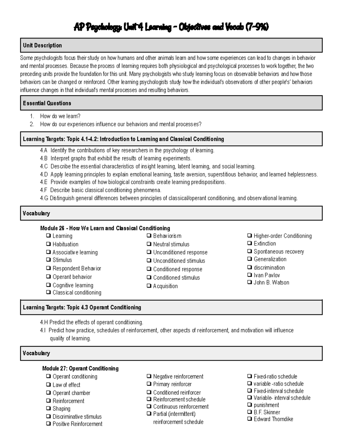 AP Psychology: Unit 4 Learning Objectives & Vocabulary (7-9%) - Studocu