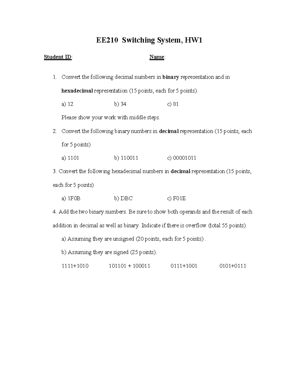 EE210 Switching System, HW1: Number Conversions & Binary Addition - Studocu