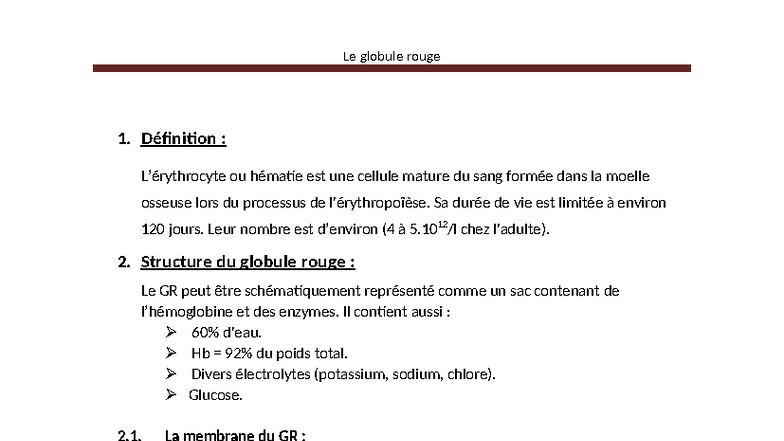 Le globule rouge : Cours d'Immunologie (IMU 101) - Studocu