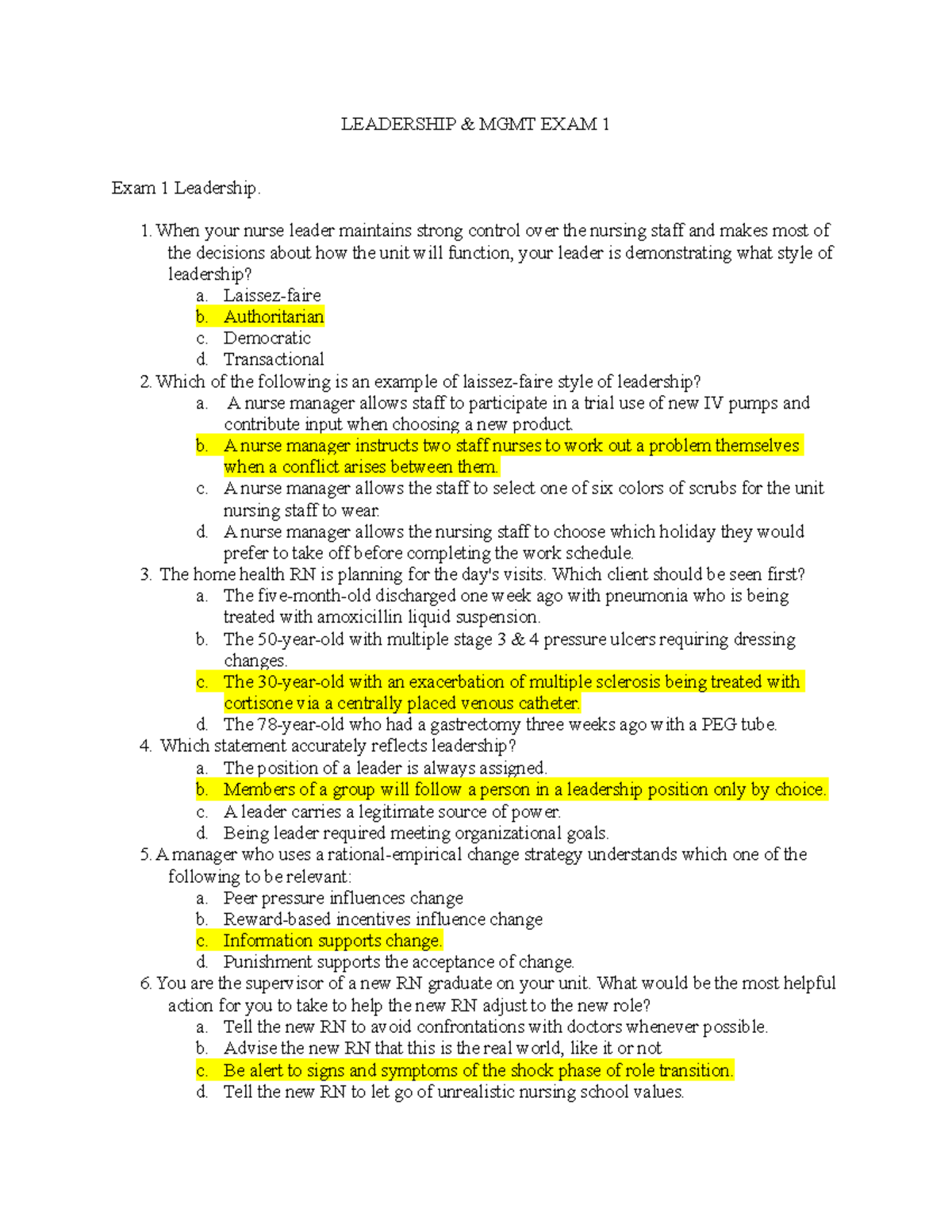 LEADERSHIP & MGMT EXAM 1: Key Questions & Concepts Overview - Studocu