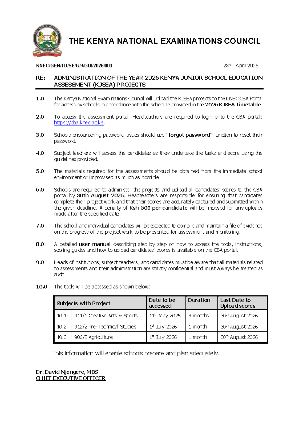 Guidelines and Schedule for Grade 9 KJSEA Projects (2026) - Studocu
