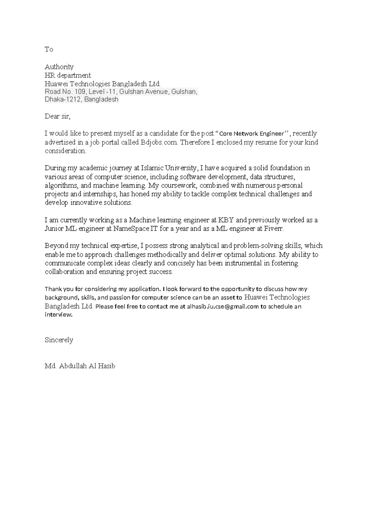 Cover letter for network position at Huawei Technologies - Studocu