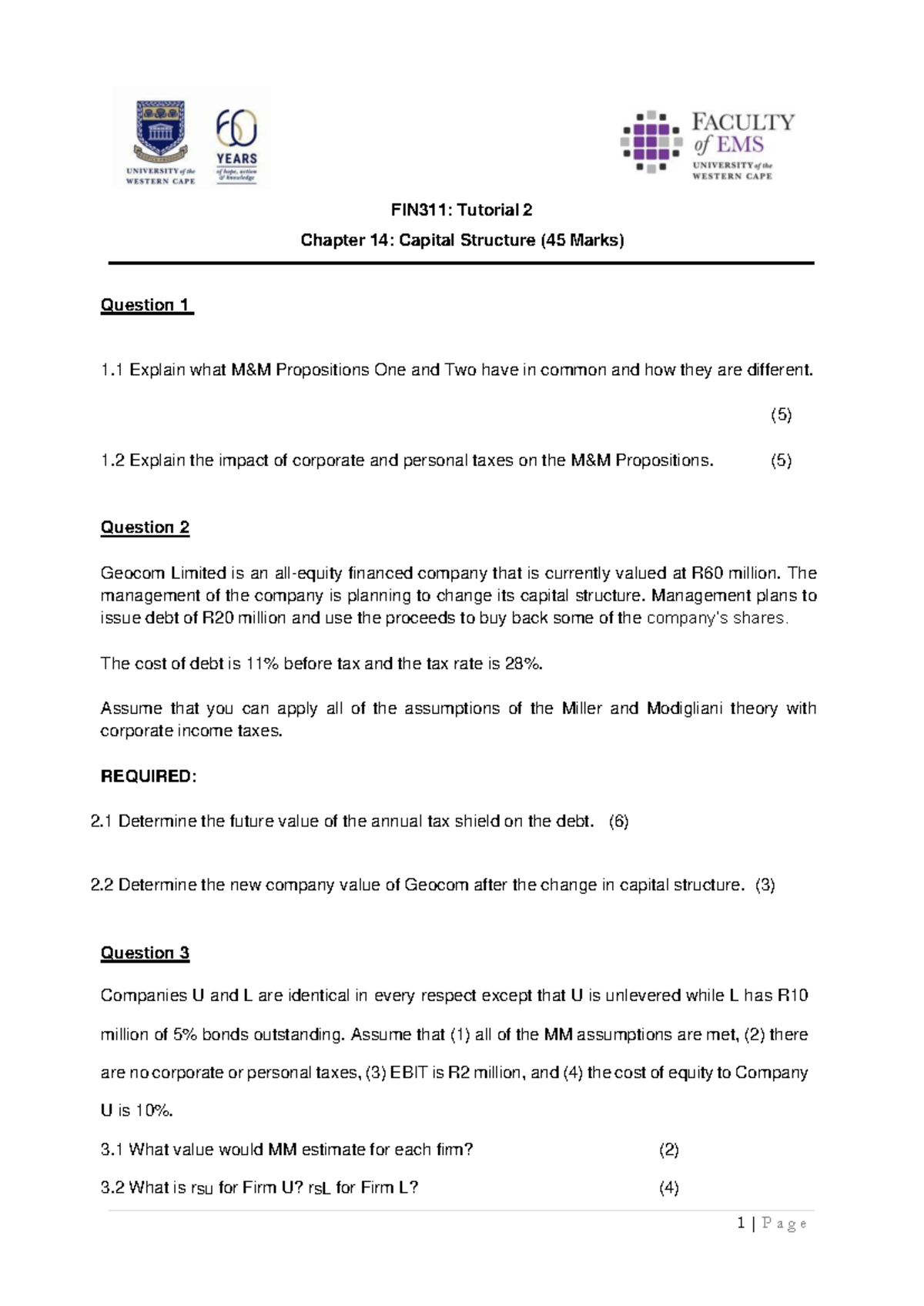 FIN311 Tutorial 2- Capital Structure - 1 | P a g e FIN311: Tutorial 2 ...