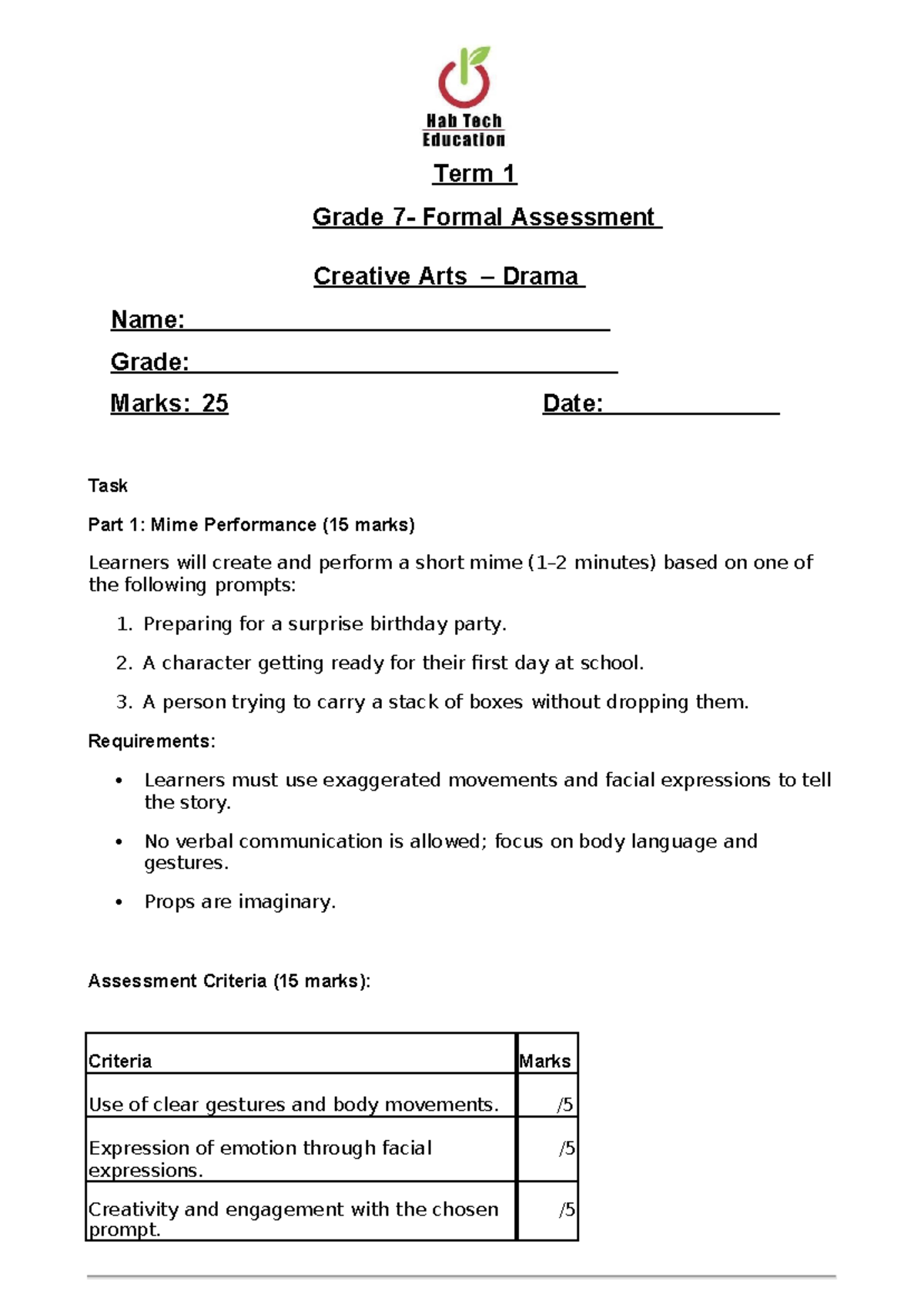 Grade 7 Creative Arts Drama Term 1 Mime Performance Guide - Studocu
