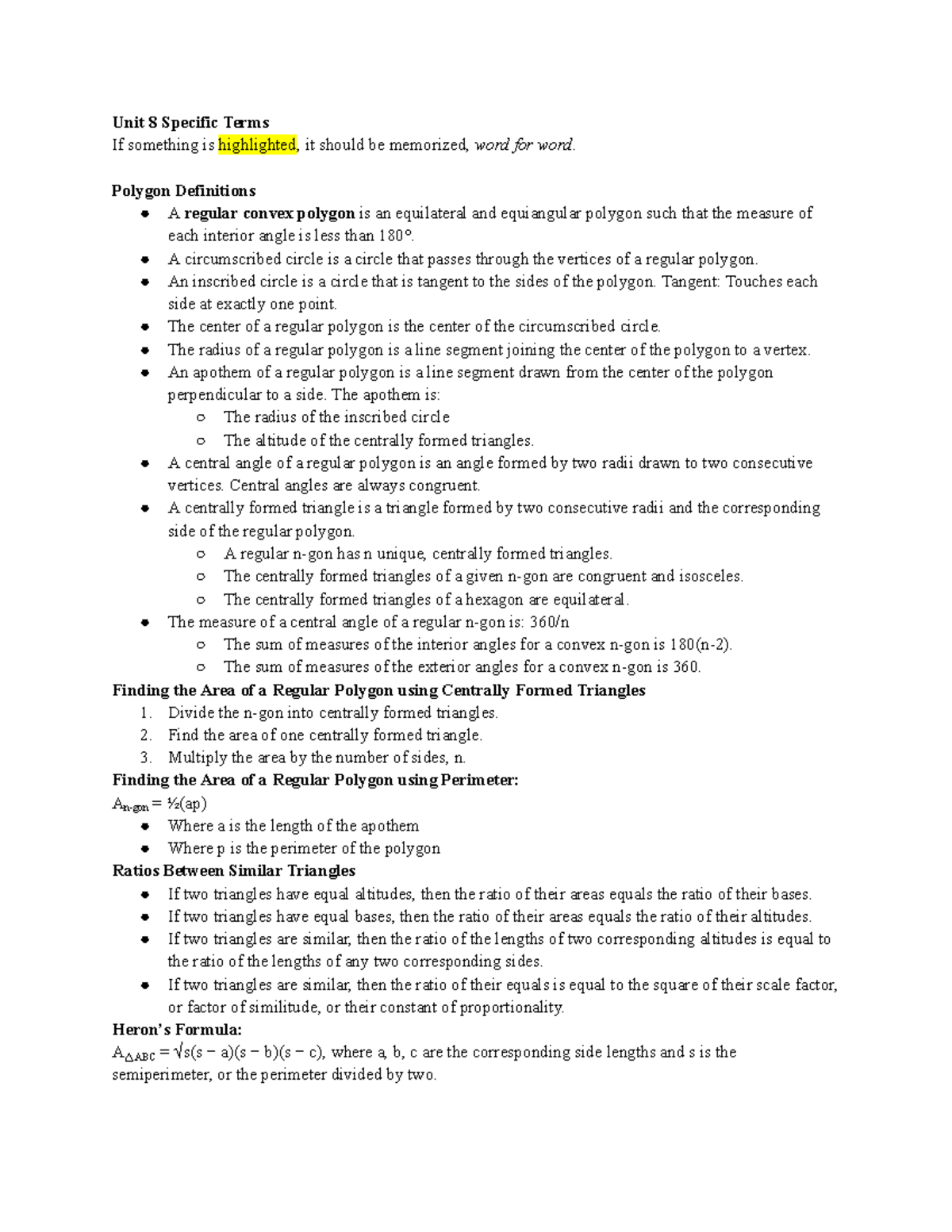 Unit 8 Geometry Terms: Polygon Definitions & Area Calculations - Studocu