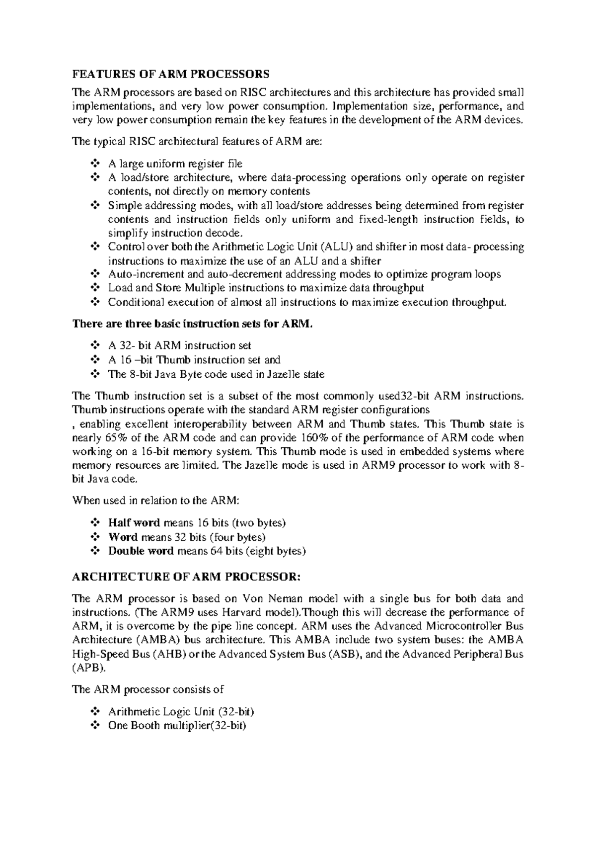 ARM Process - Unit 2: Features and Architecture of ARM Processors - Studocu