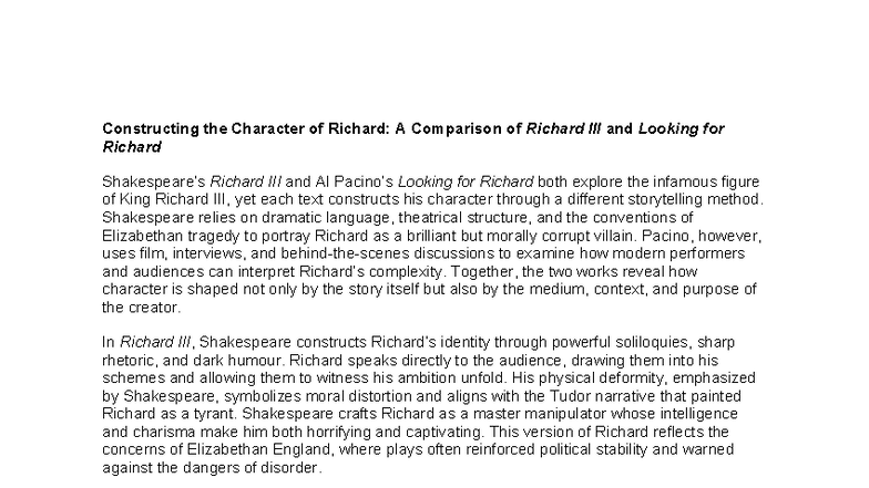 Comparative Analysis of Richard III & Looking for Richard - Studocu