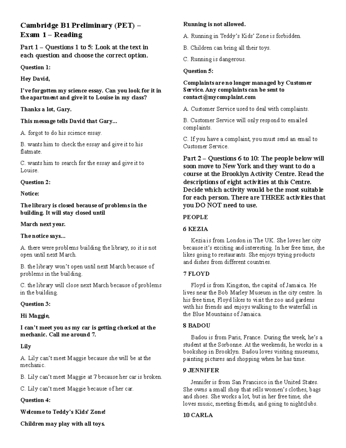 Cambridge B1 Preliminary (PET) - Exam 1 - Reading Practice Questions ...