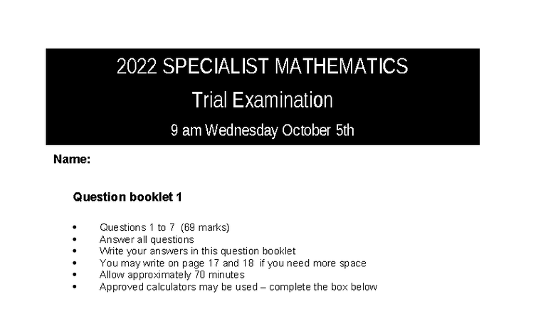 2022 Pulteney Specialist Mathematics Trial Exam - Question Booklet 1 ...
