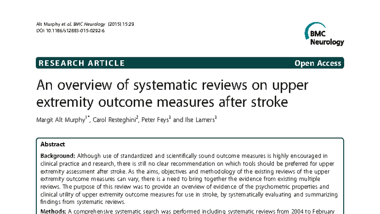 Systematic Review of Upper Extremity Outcome Measures Post-Stroke (BMC ...