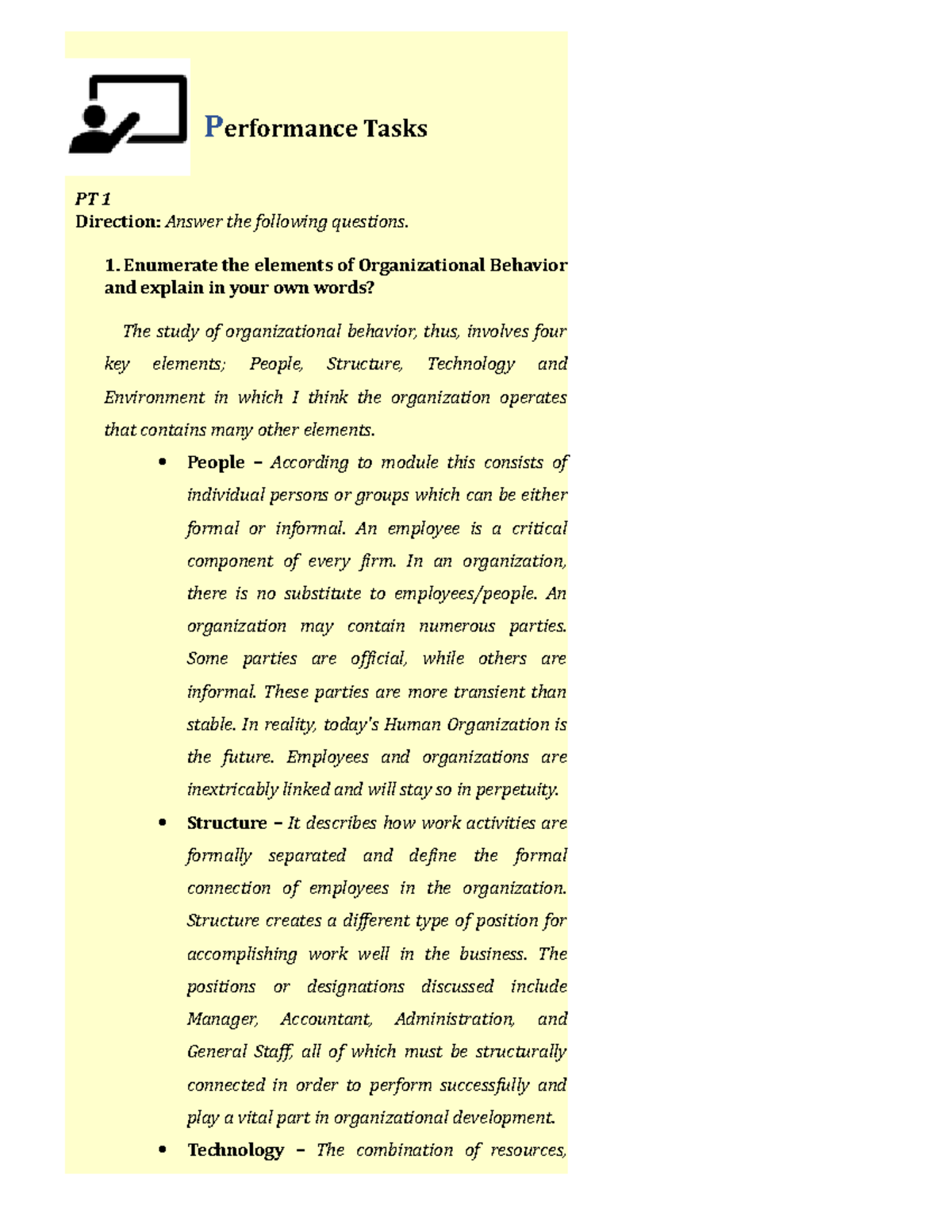 PT1 engaging activity - Performance Tasks PT 1 Direction: Answer the following questions ...