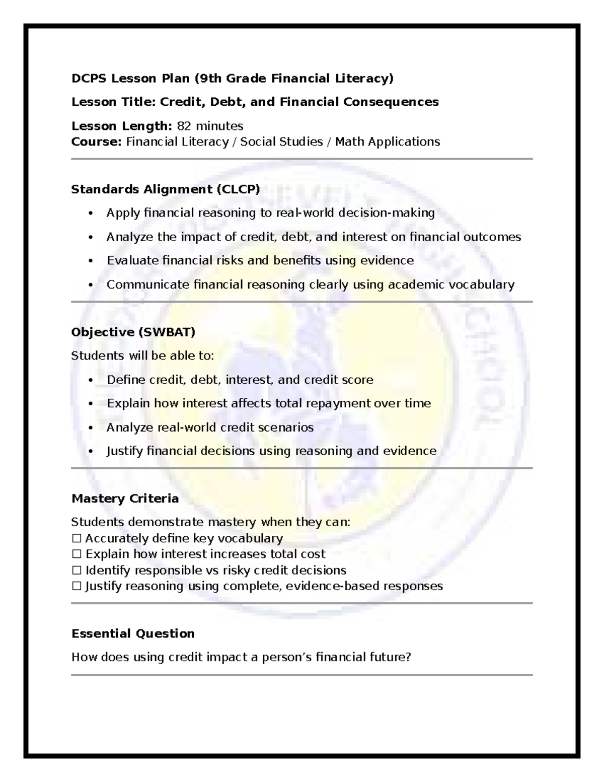 DCPS Lesson Plan: Credit, Debt, and Financial Consequences (9th Grade ...