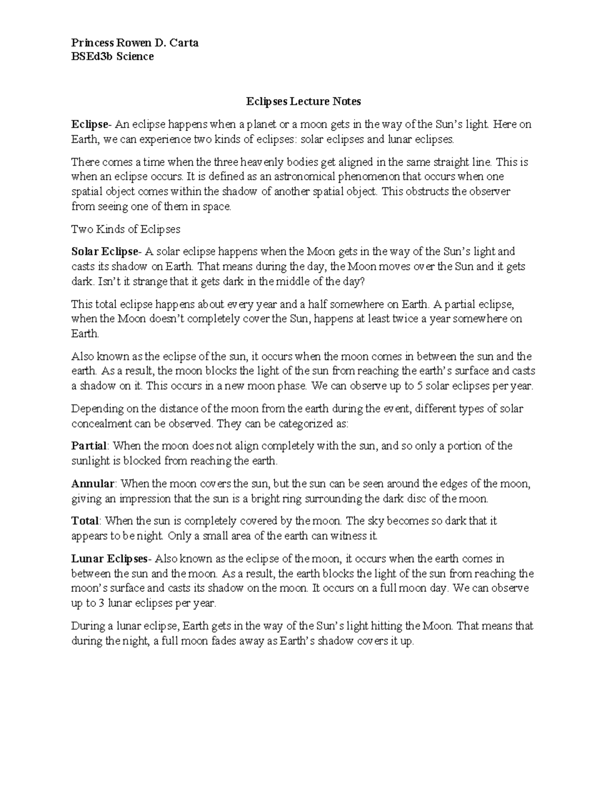Eclipses Lecture Notes - Princess Rowen D. Carta BSEd3b Science ...