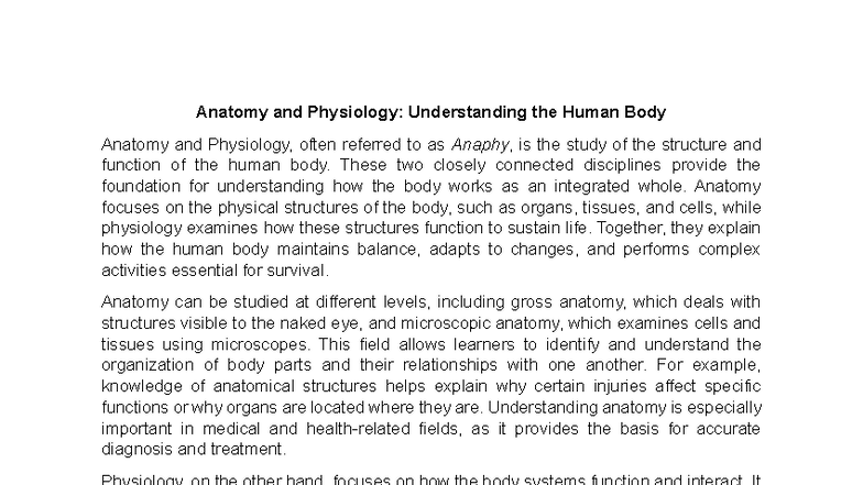 Anatomy and Physiology (Anaphy): Exploring Human Body Functions - Studocu