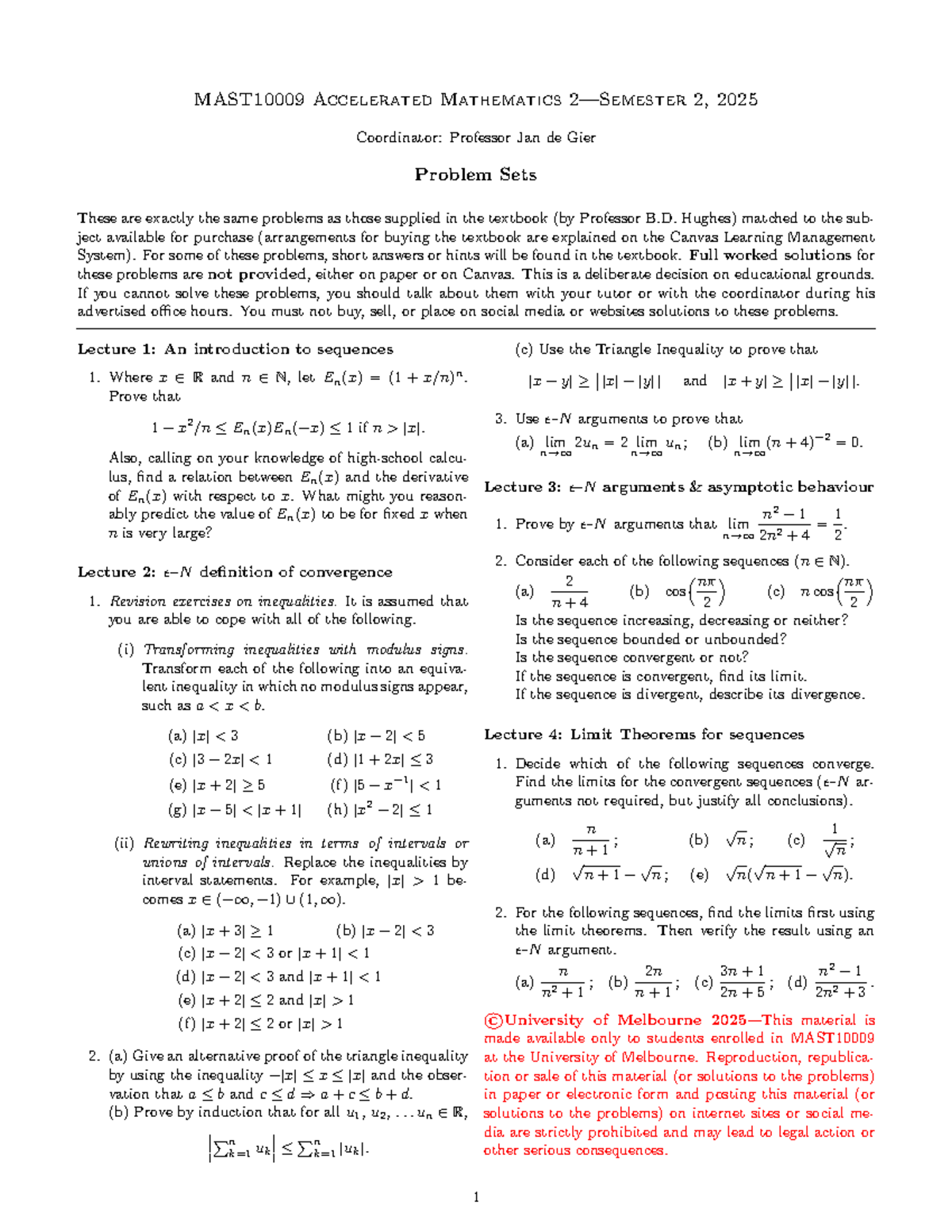 Problem Sets for MAST 10009 - Accelerated Mathematics 2 (2025) - Studocu