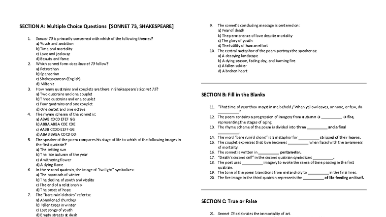 Questions FROM Sonnet 73 - SECTION A: Multiple Choice Questions [SONNET ...