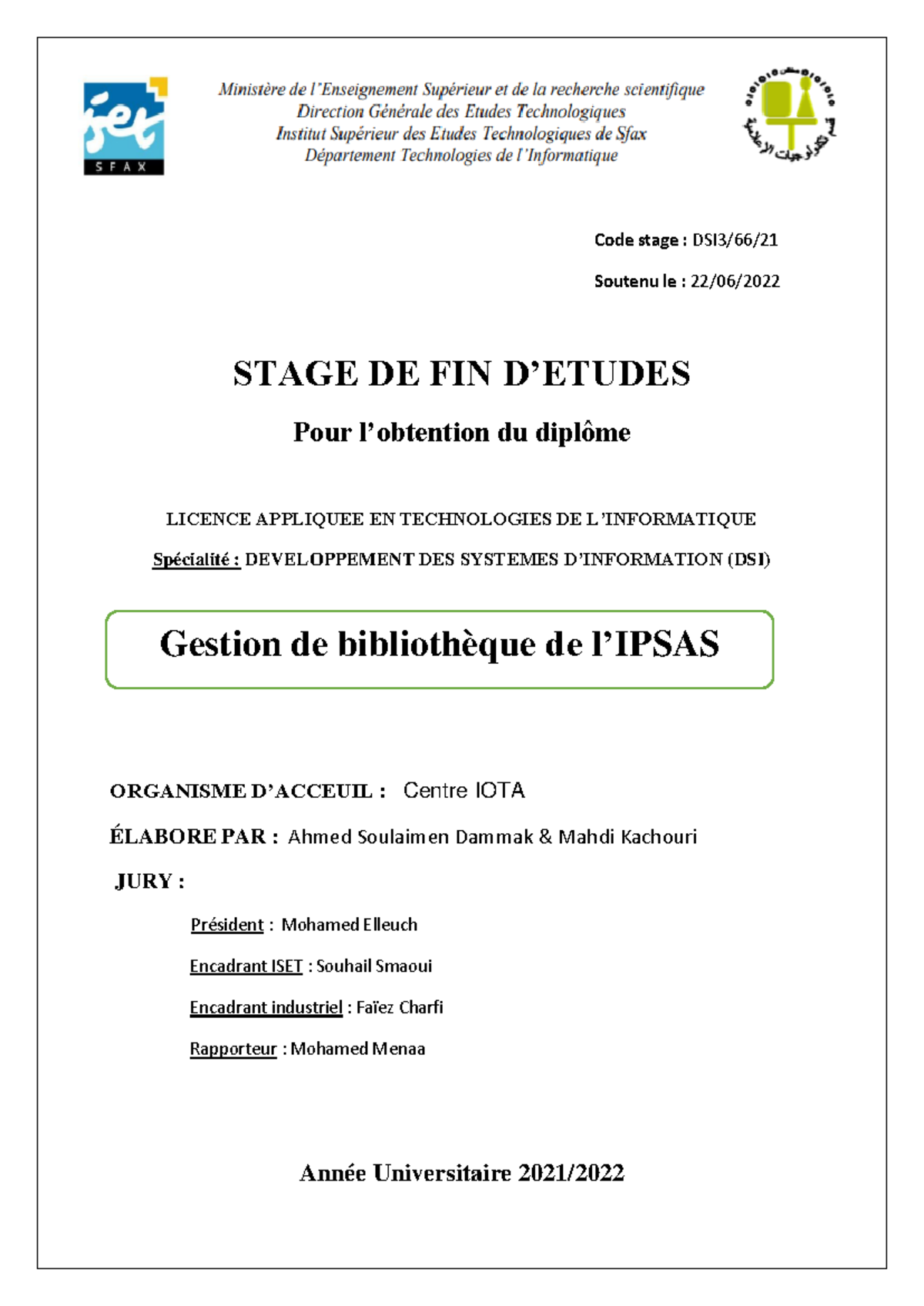 Rapport de Stage PFE DSI3/66/ - Gestion de Bibliothèque à l'IPSAS - Studocu