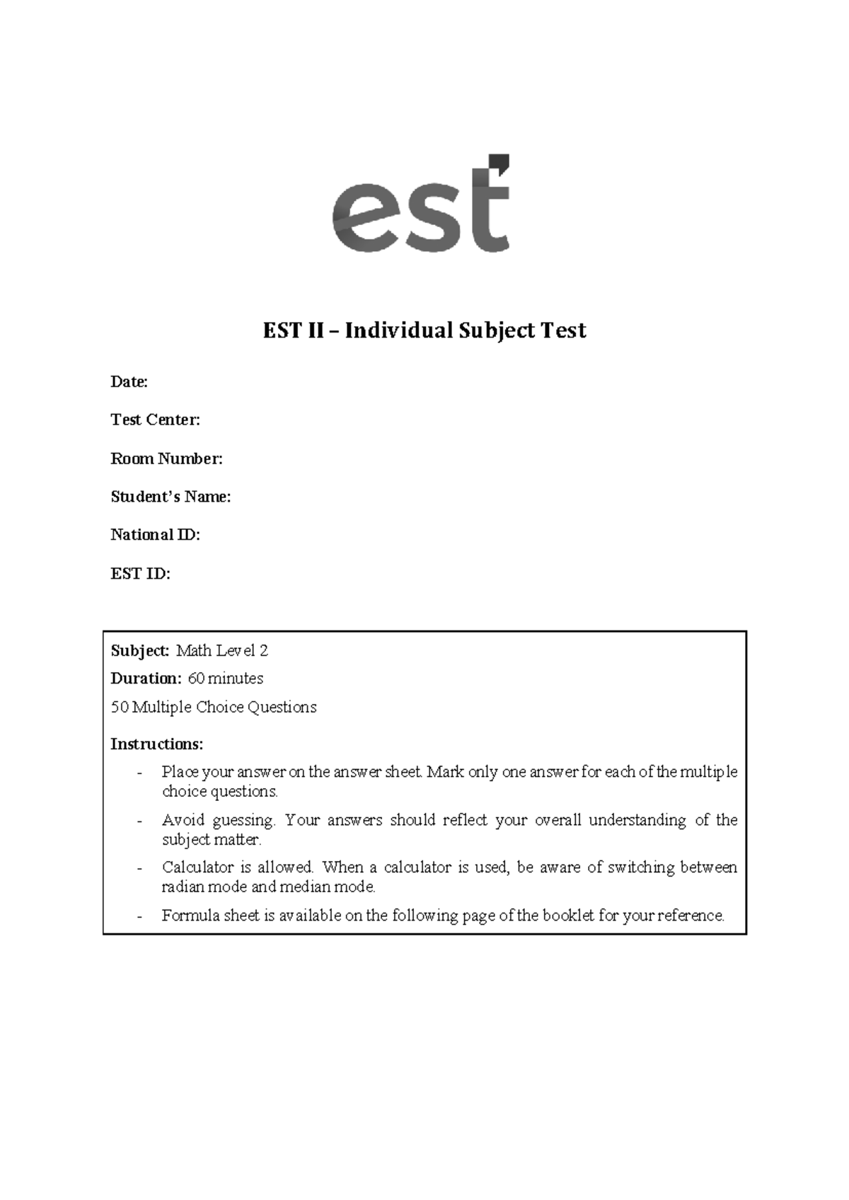 EST II Math Level 2 - Individual Subject Test Sample 1 - Studocu