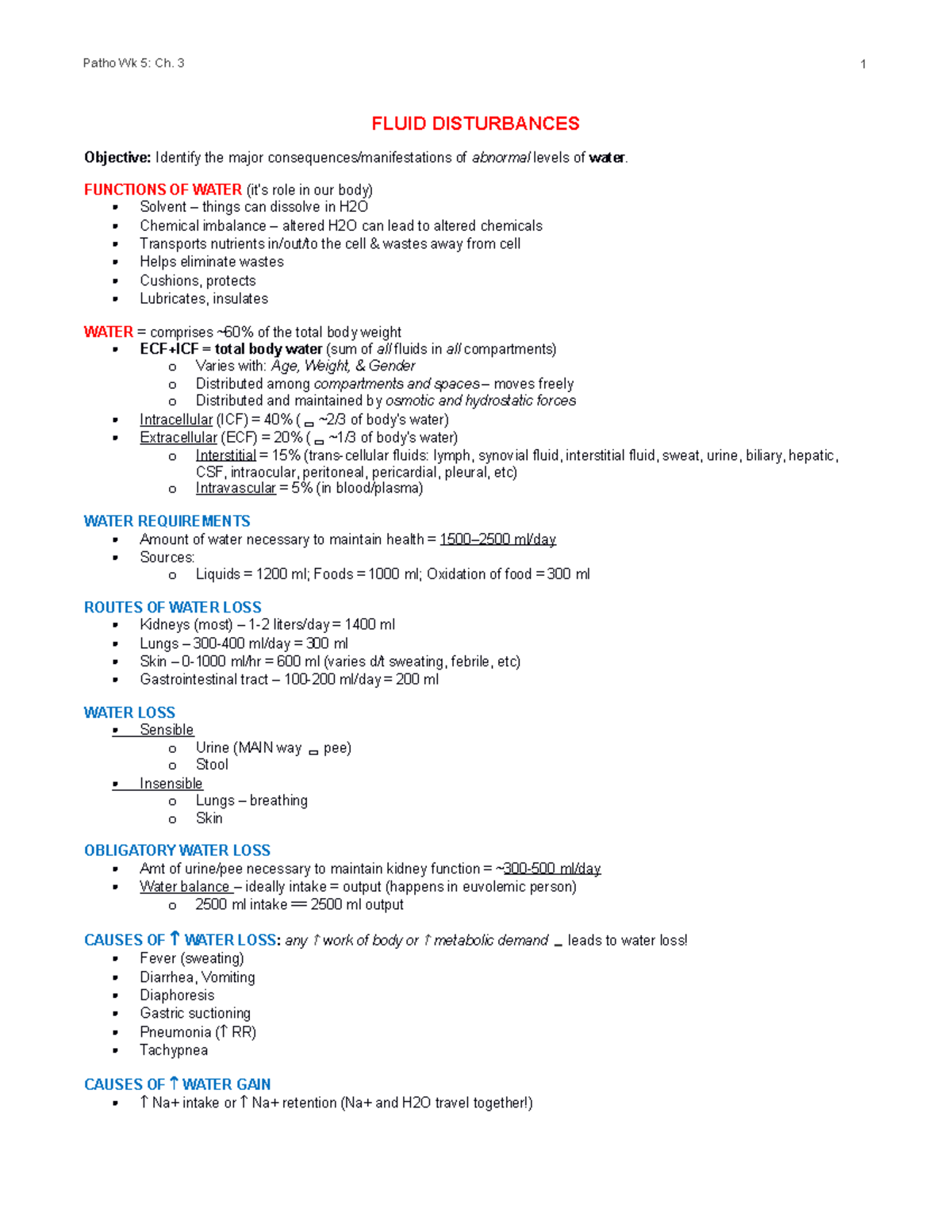 Patho Wk 5: Ch. 3 Fluid and Electrolyte Disturbances Overview - Studocu