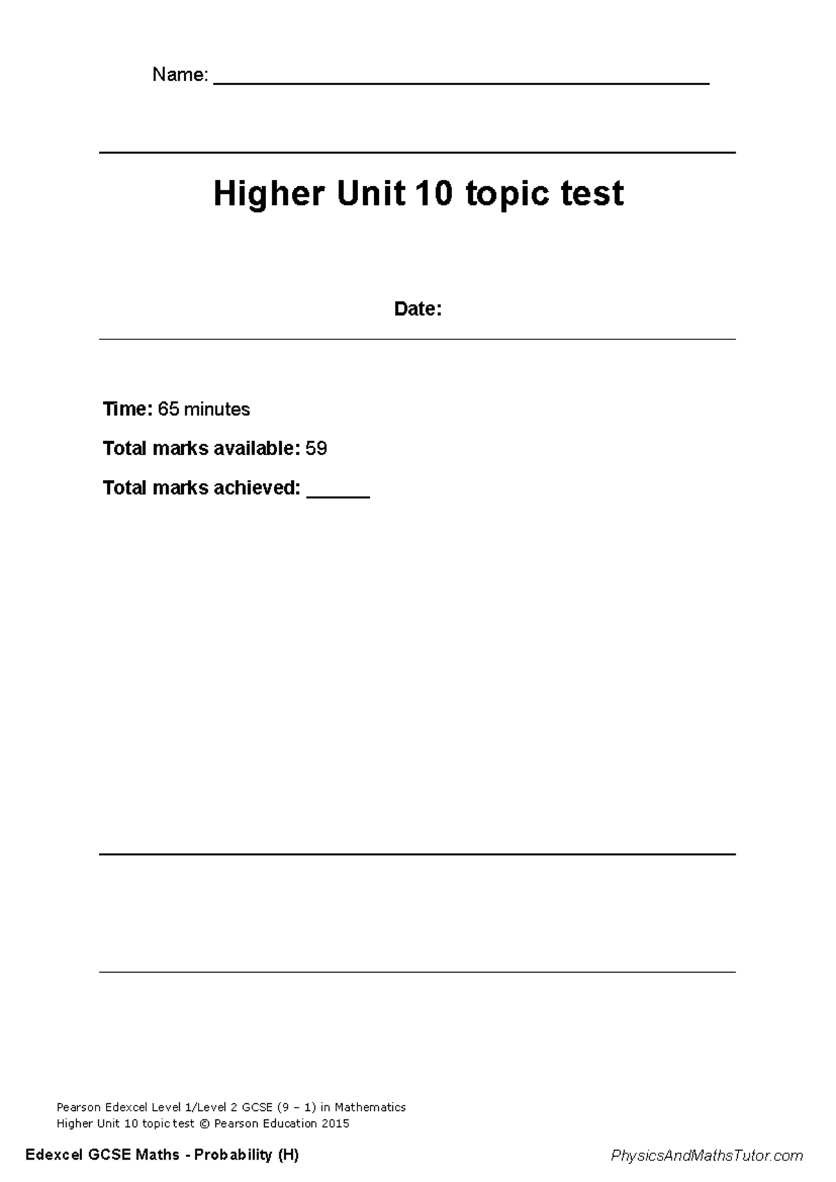 Pearson Edexcel Level 2 GCSE (9 1) Maths Higher Unit 10 Probability ...