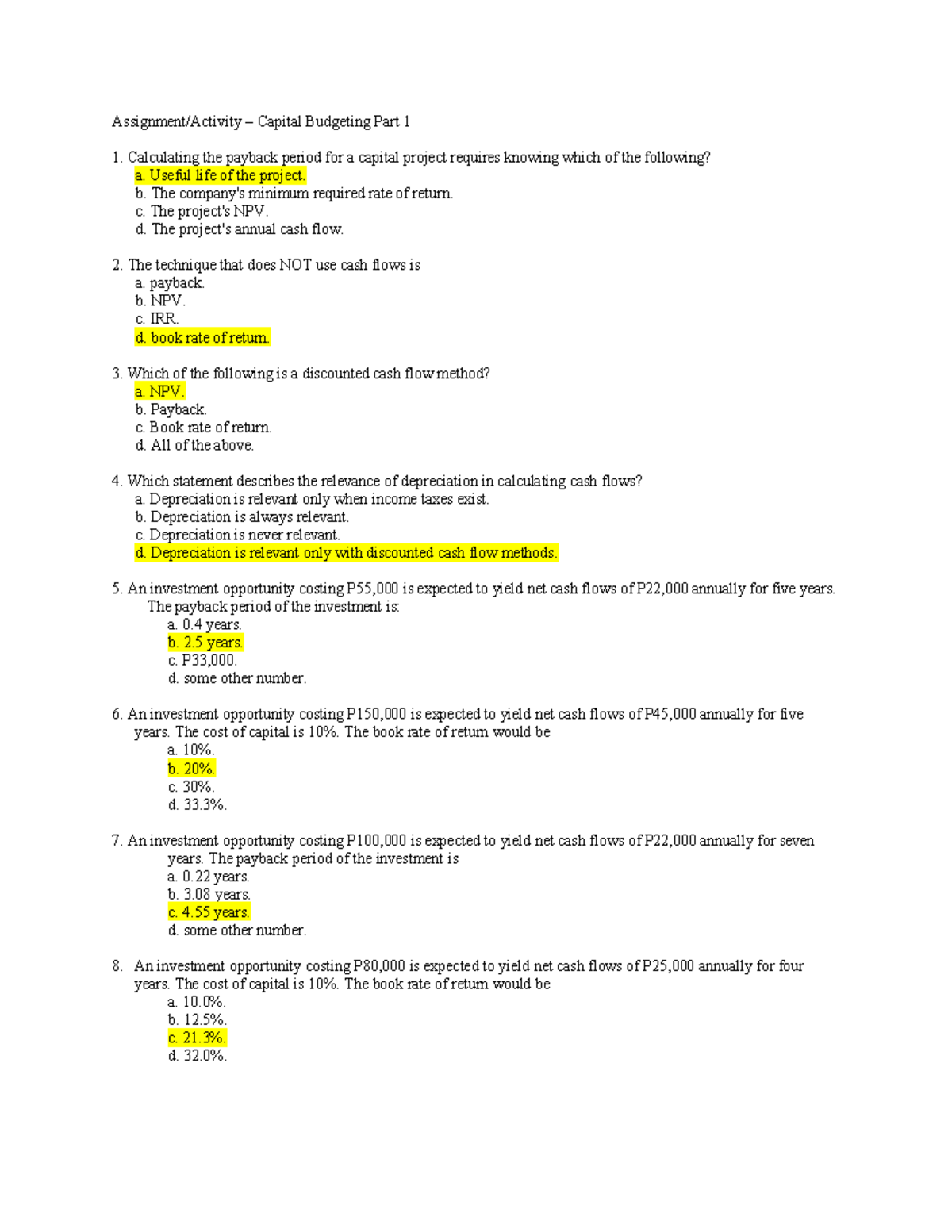 Capital Budgeting Assignment Part 1: Key Concepts & Calculations - Studocu