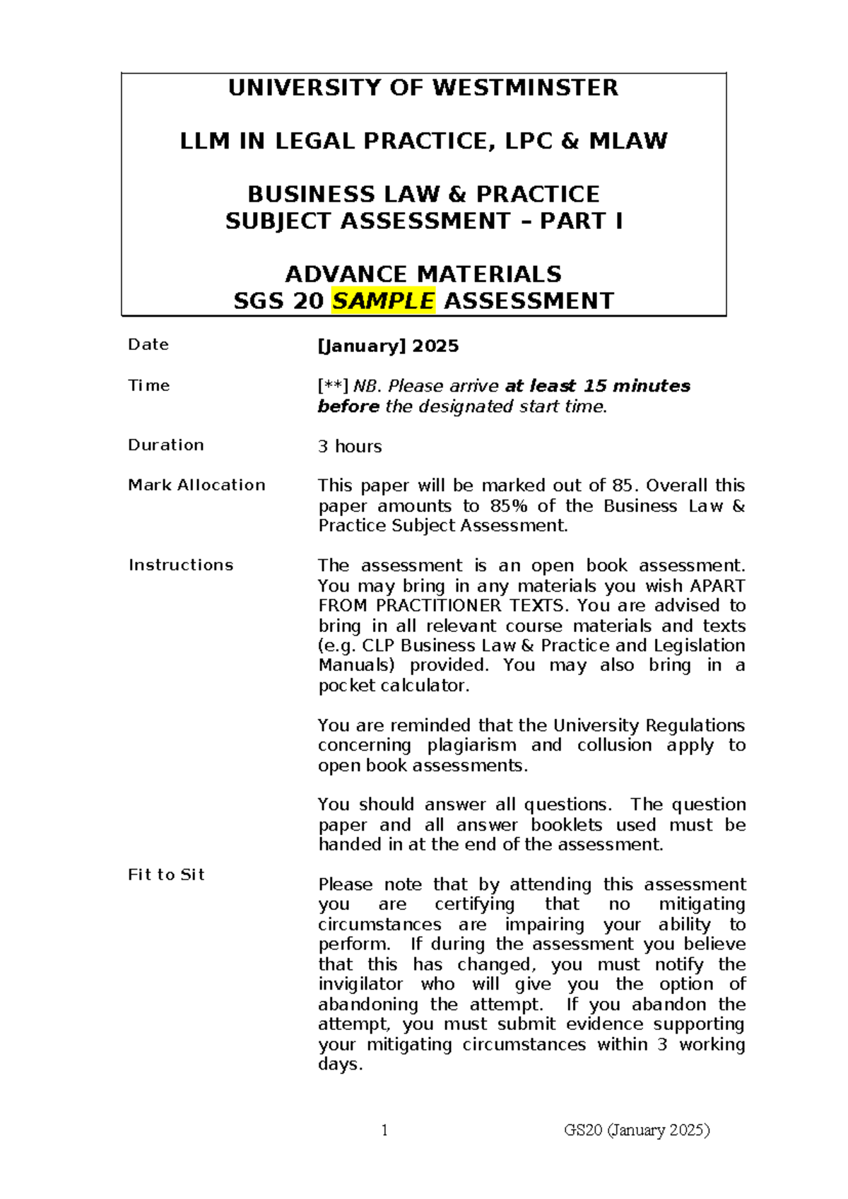 LLM LPC MLAW Business Law Practice GS20 Sample Assessment Questions ...