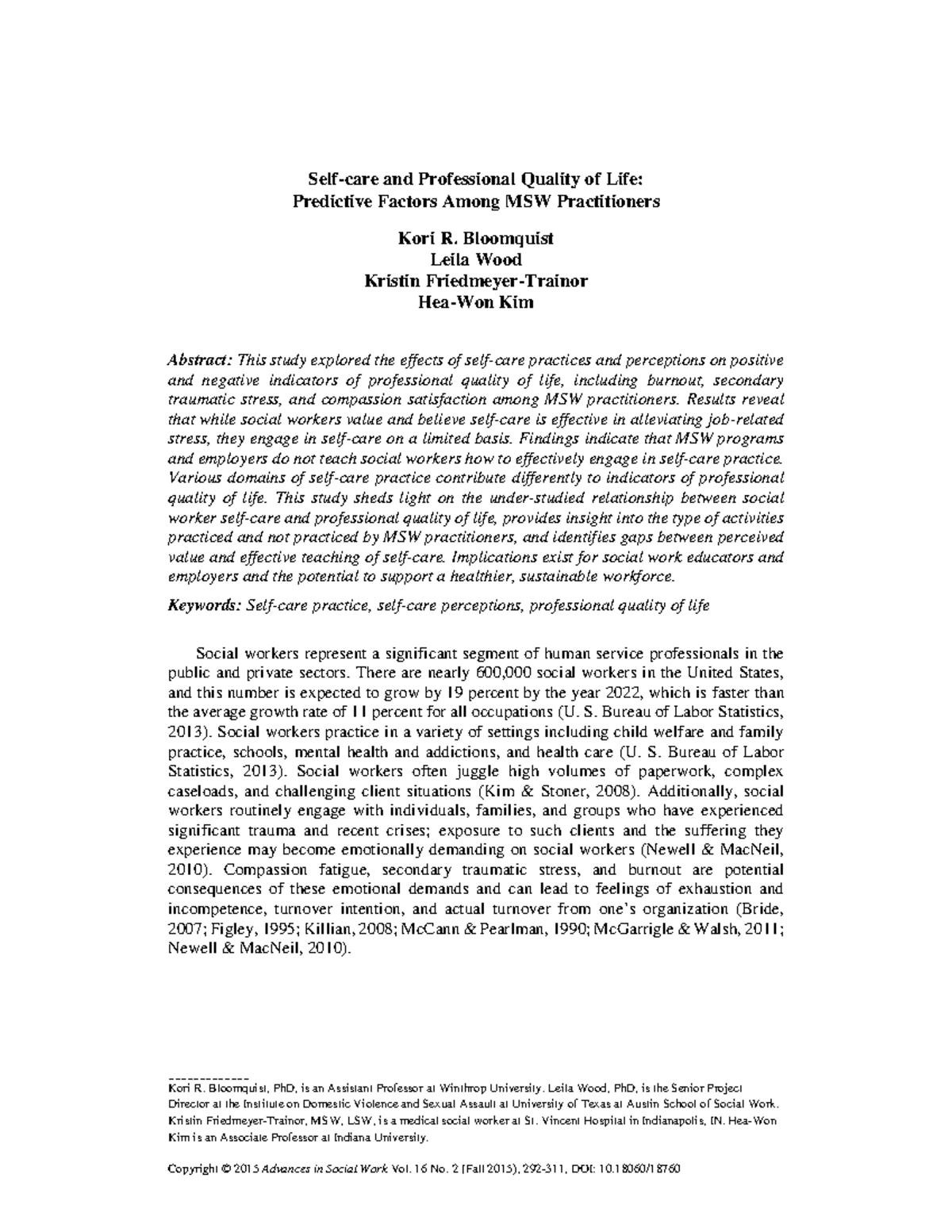 Self-Care and Professional Quality of Life: Insights for MSW ...