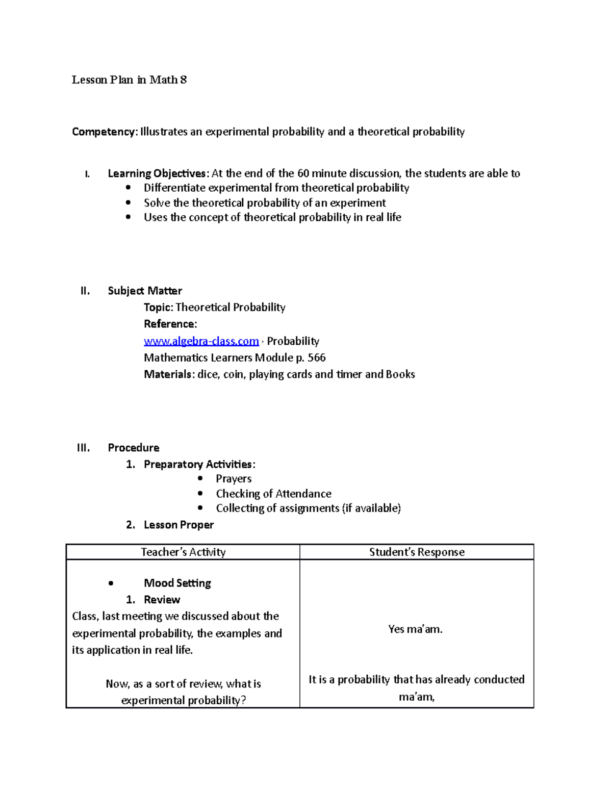 Math 8 Lesson Plan: Theoretical vs Experimental Probability - Studocu