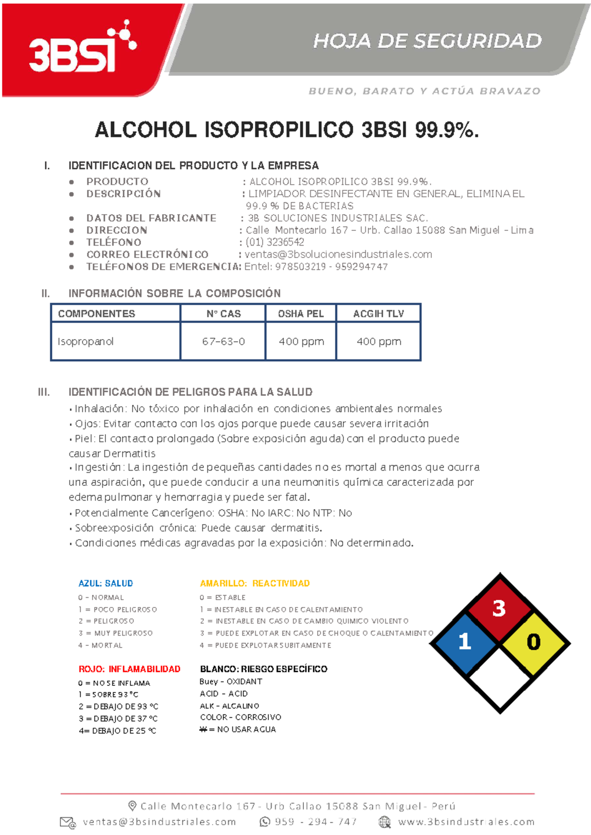 MSDS - Alcohol Isopropílico 3BSI: Seguridad y Manejo - Studocu