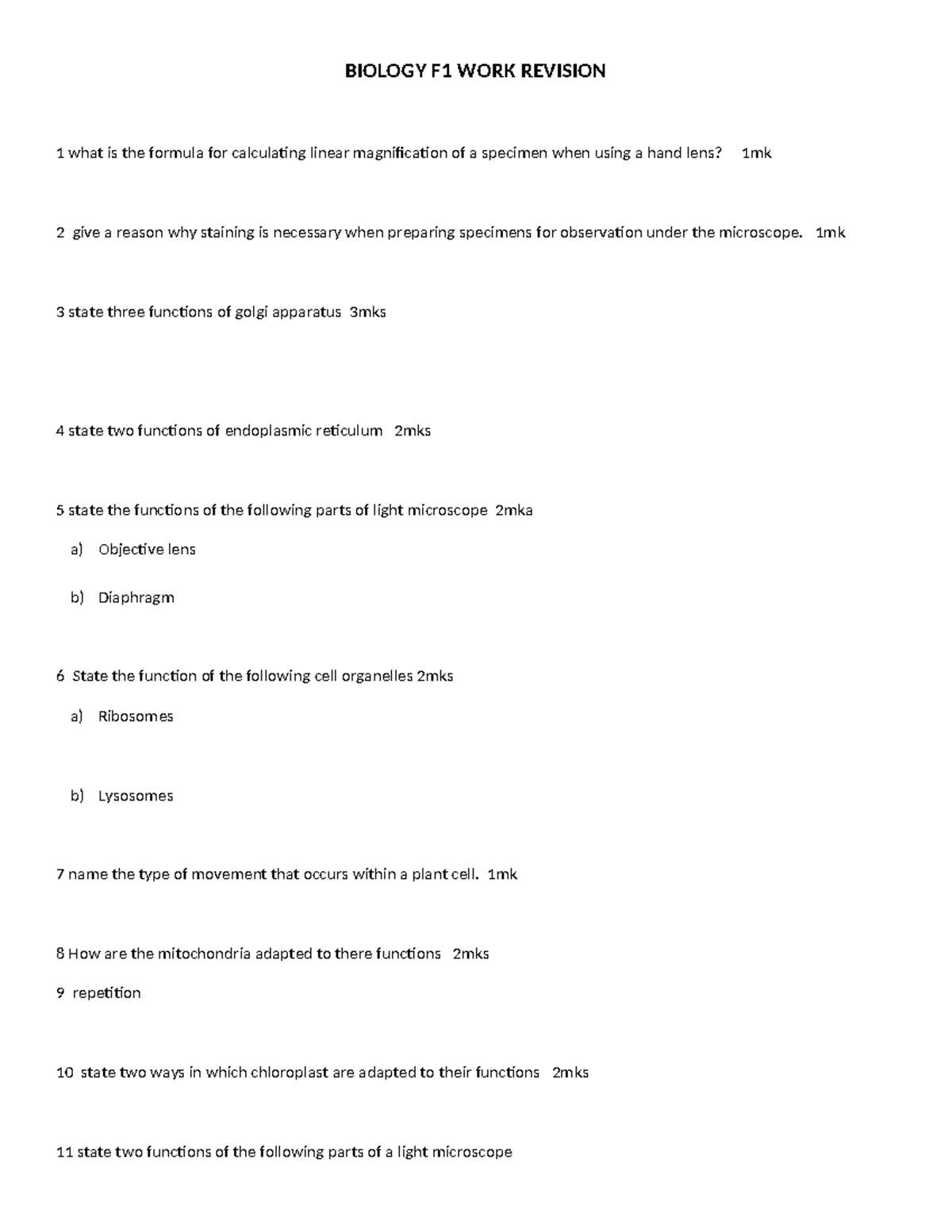 BIOLOGY F1 REVISION NOTES: MICROSCOPE & CELL FUNCTIONS - Studocu
