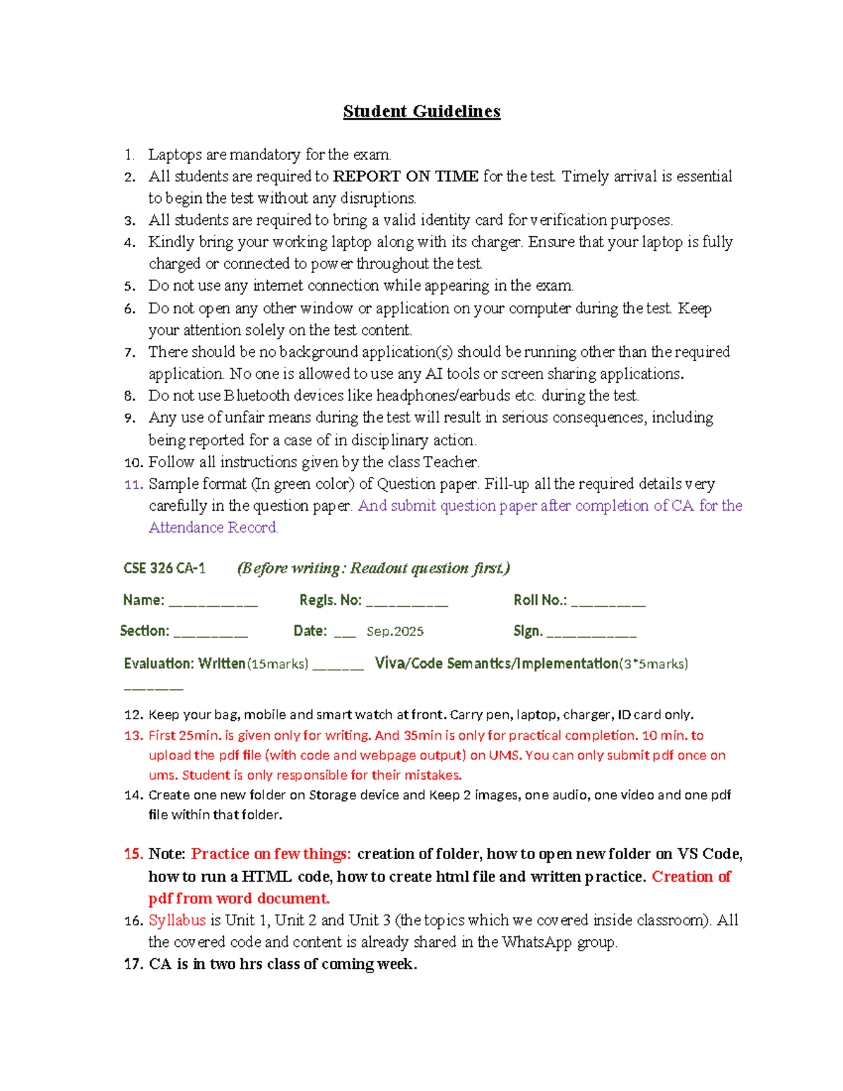 Student Guidelines for CA1 CSE 326: Exam Protocols and Requirements ...