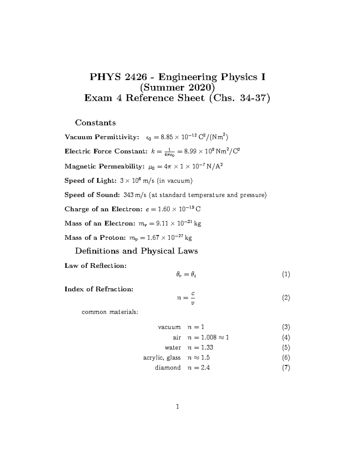 PHYS 2426 Engineering Physics I Exam 4 Reference Sheet - Studocu