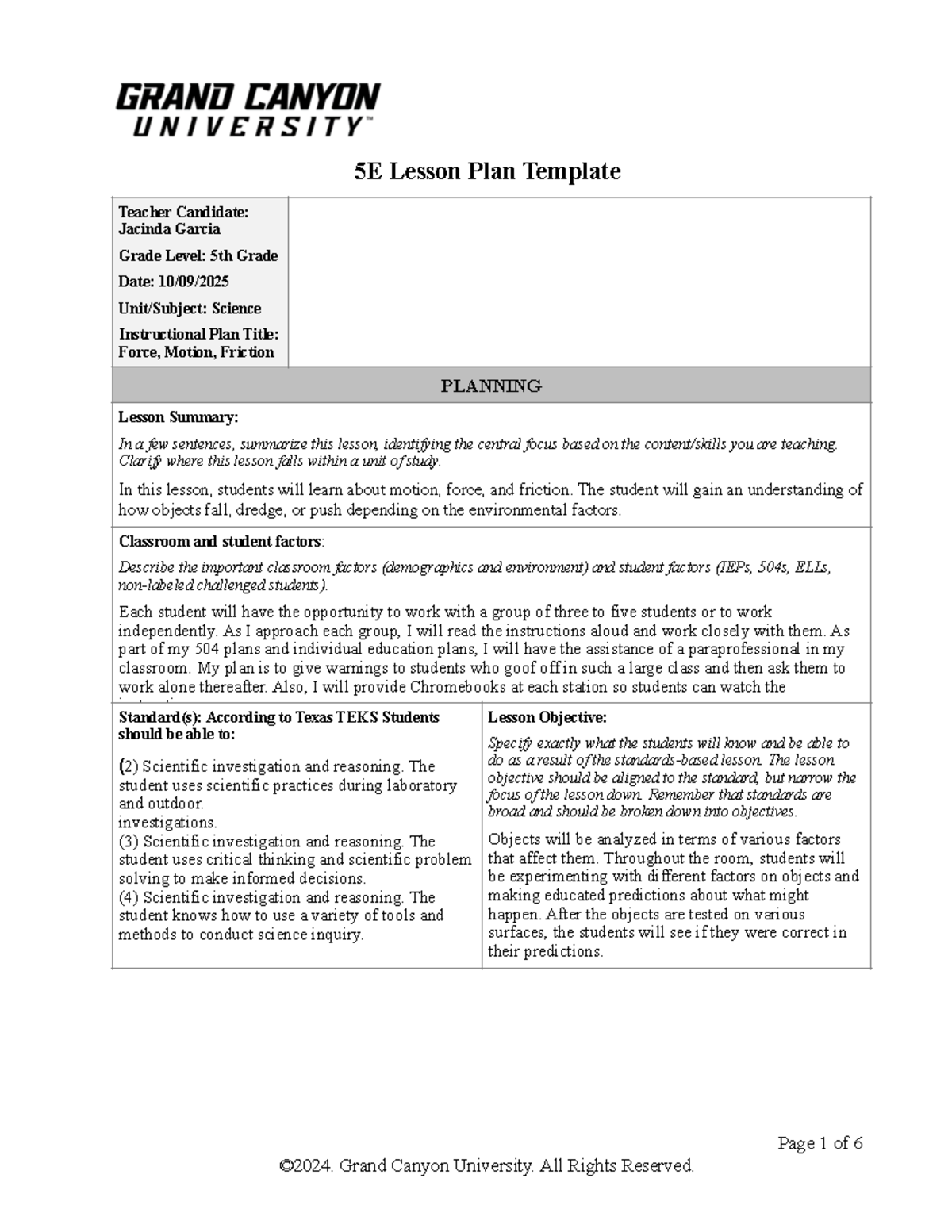 ELM 463 RS T7 5E Lesson Plan: Exploring Force, Motion & Friction - Studocu
