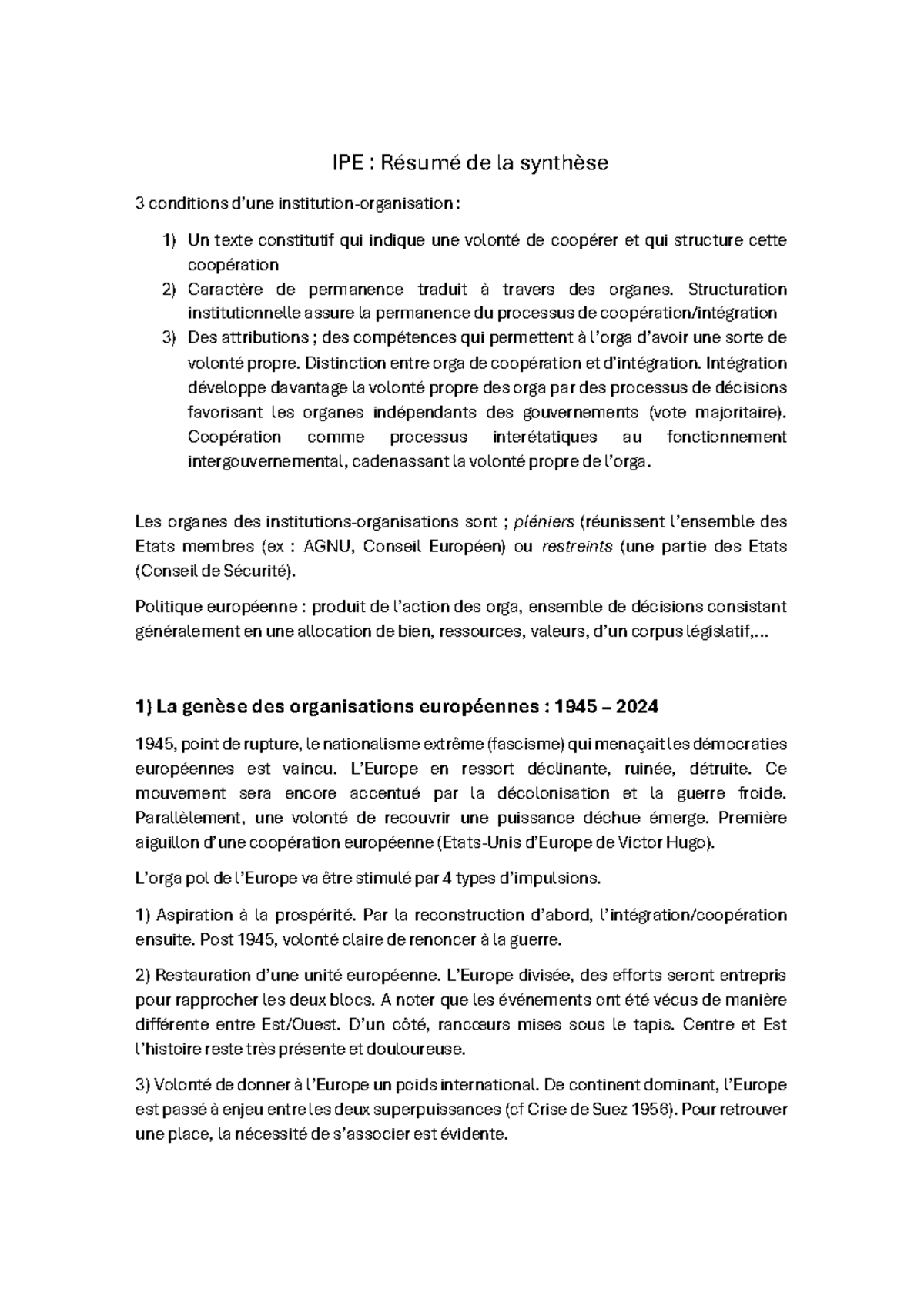 IPE : Synthèse des Conditions de Coopération et d'Intégration ...