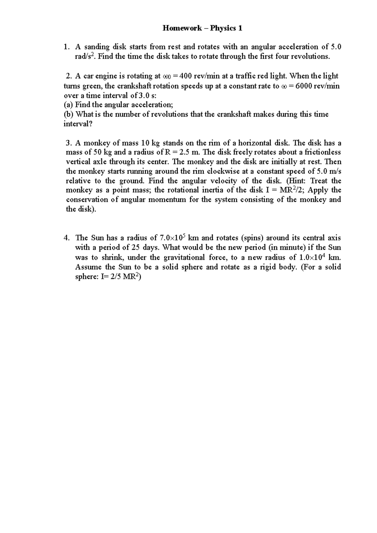 Physics 1 Homework: Angular Motion & Rotational Dynamics Problems - Studocu