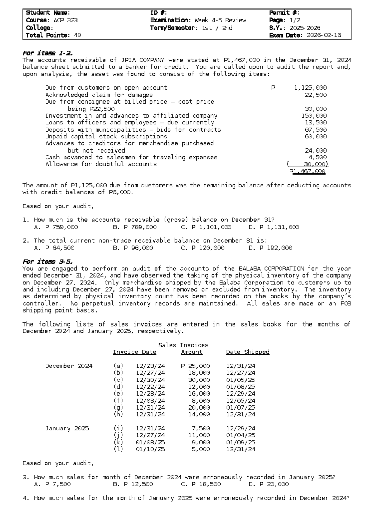 ACP 323 Week 4 & 5 Review: Accounts Receivable Audit TQs - Studocu