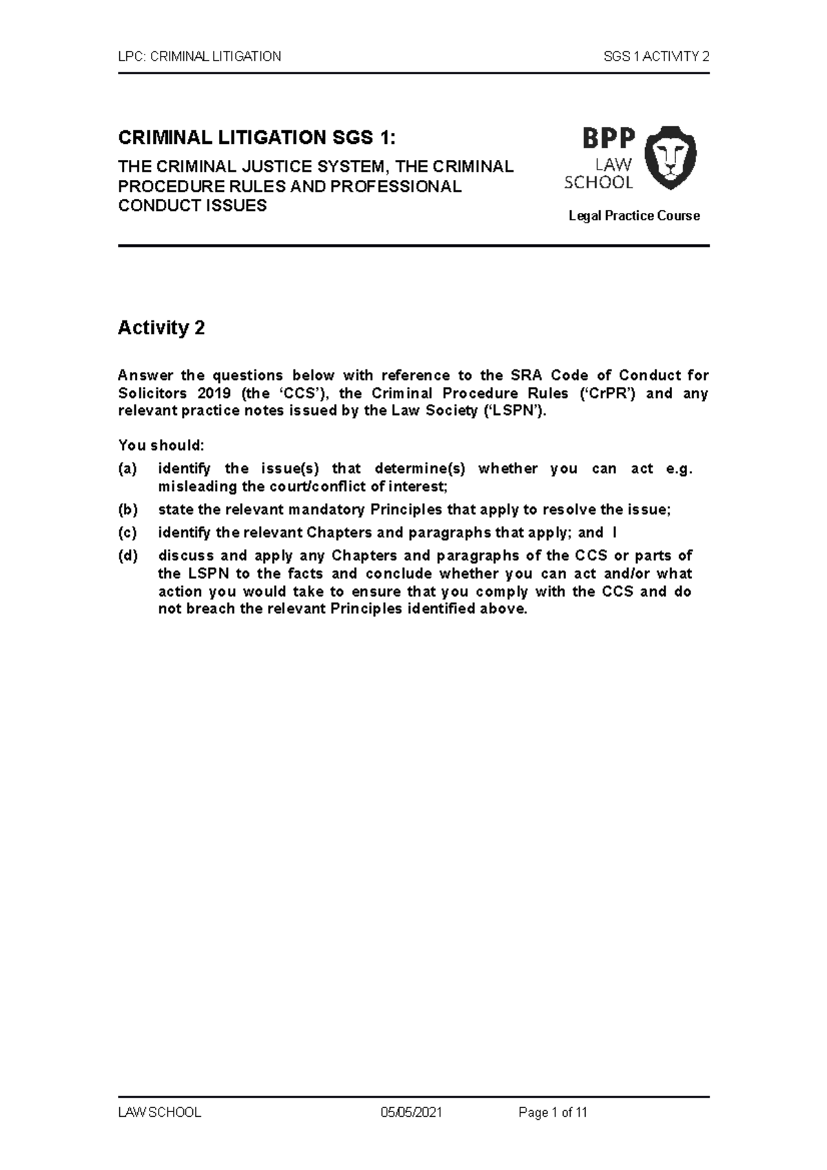 Criminal Litigation SGS 1 Activity 2 - LPC: CRIMINAL LITIGATION SGS 1 ...
