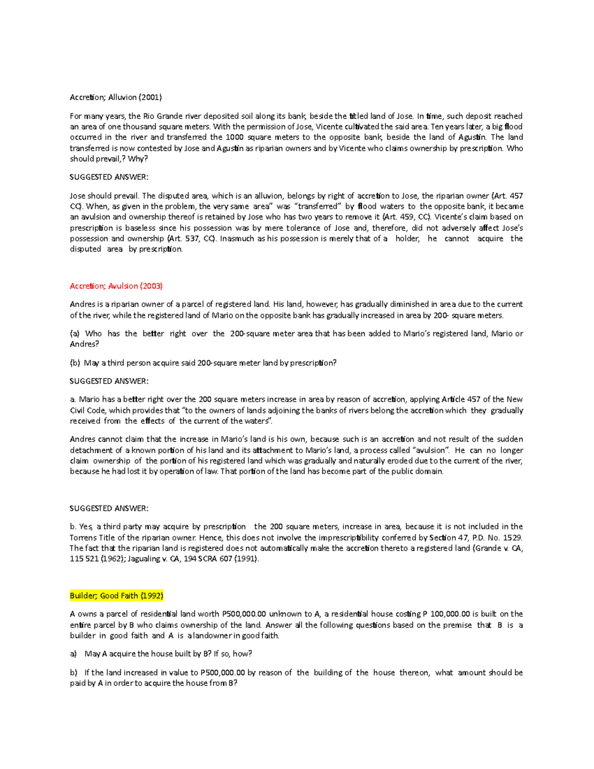 Property Law: Accretion, Avulsion, and Builder's Rights Q&A Analysis ...