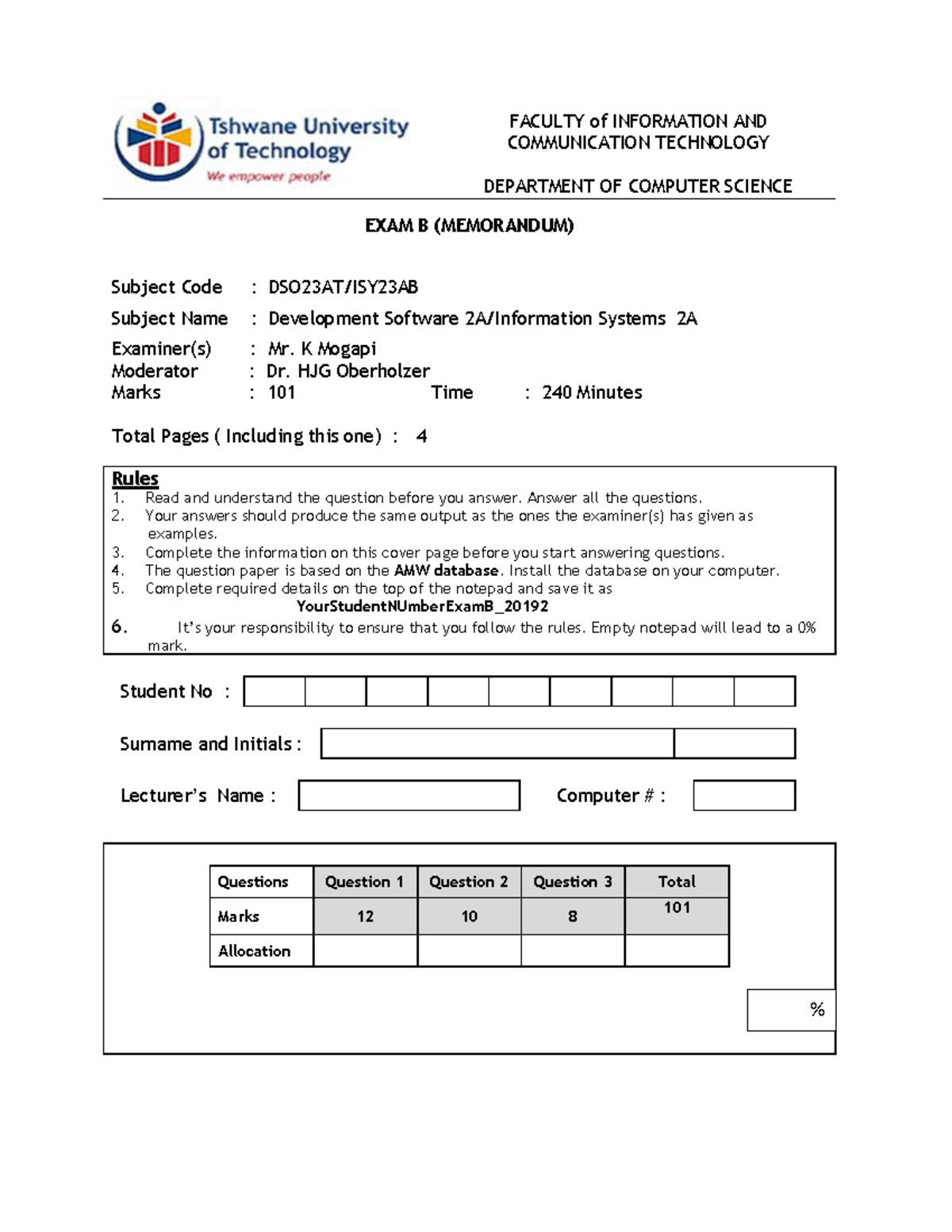 DSO23AT Exam B: Development Software Systems 2A Memorandum - Studocu