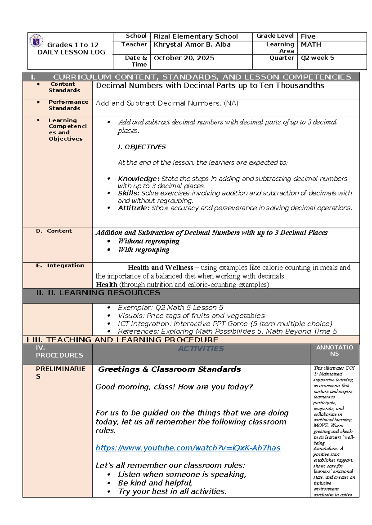 Math 5 Q2 Week 5 Lesson Log: Adding & Subtracting Decimals - Studocu