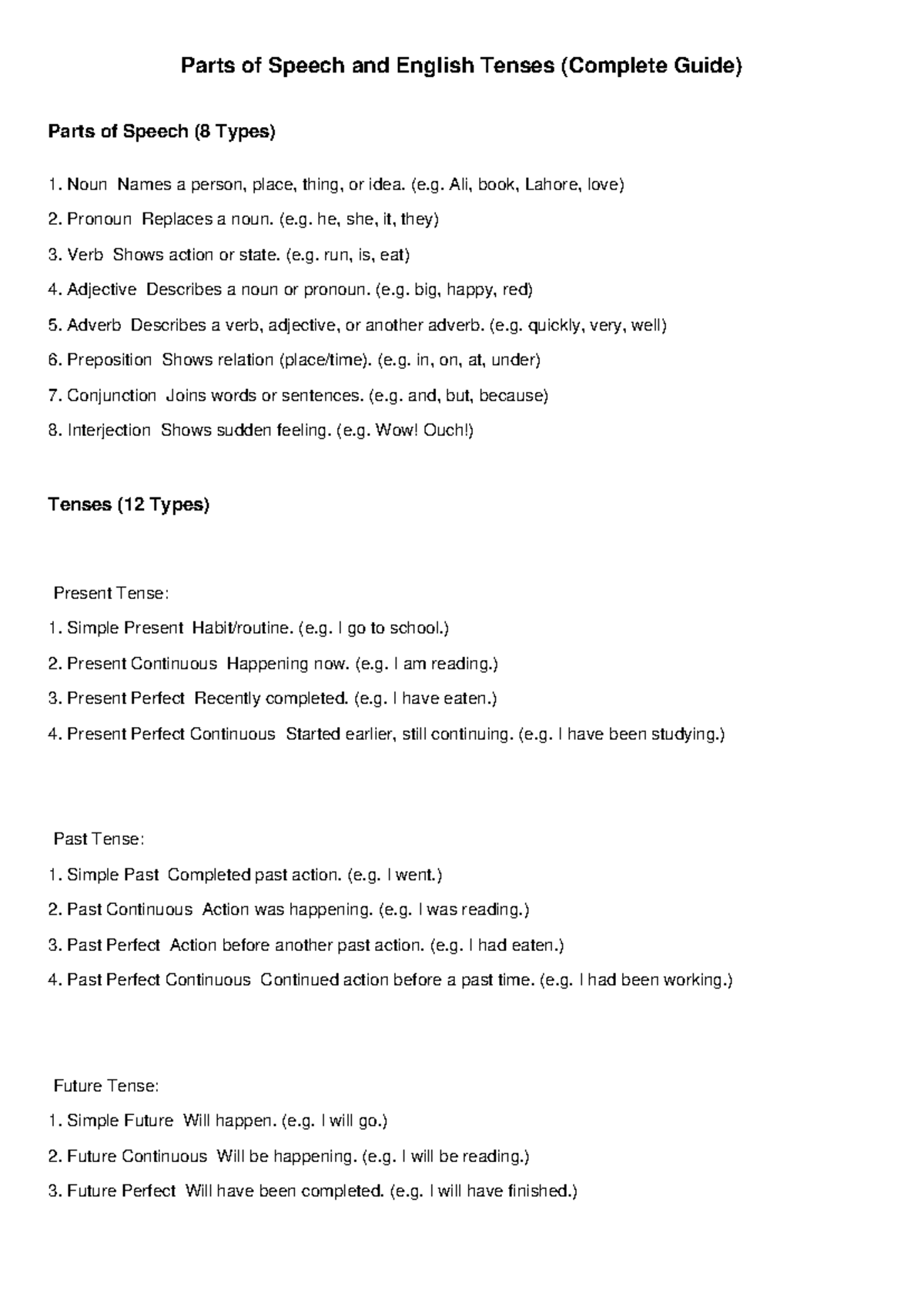 English Tenses & Parts of Speech Guide (Final Exam) - Studocu