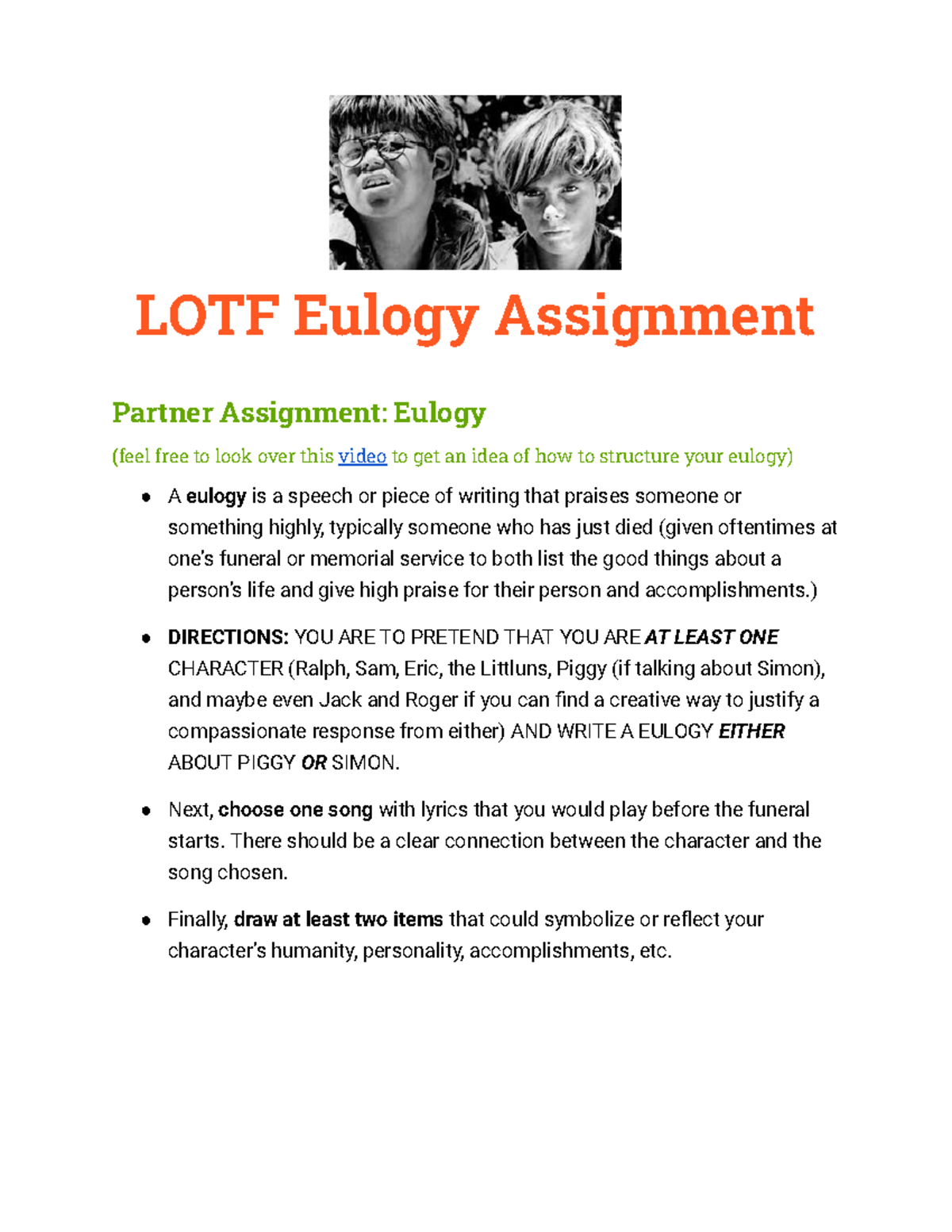 LOTF Eulogy Activity - no detail needed - LOTF Eulogy Assignment ...