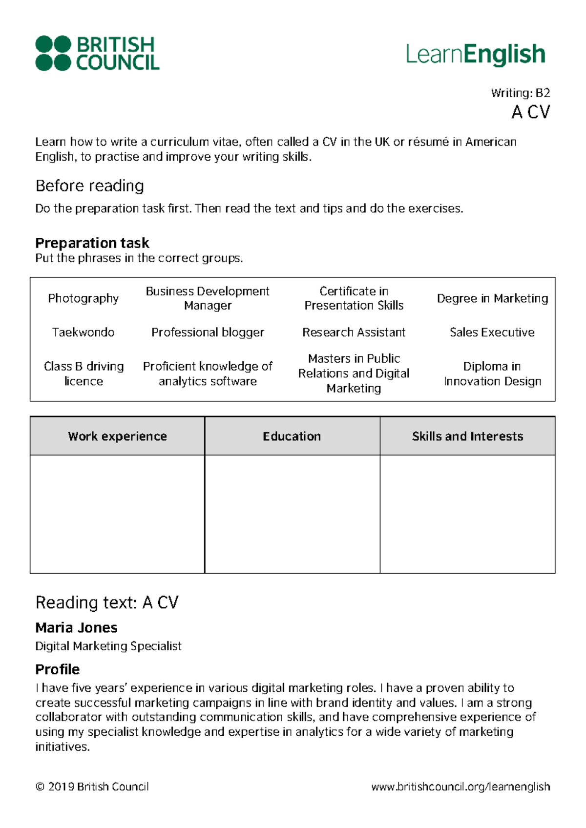 B2-A-CV: Writing a Curriculum Vitae for B2 Level Students - Studocu