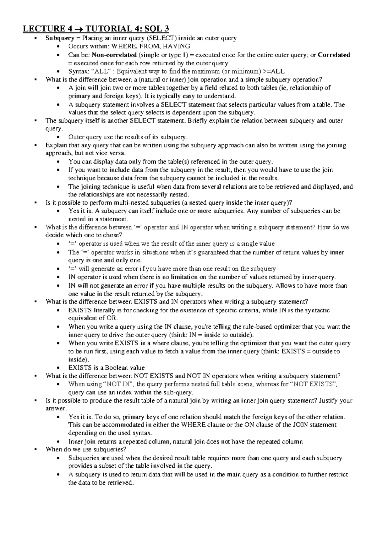 SQL Quiz Simple Notes - LECTURE 4 TUTORIAL 4: SQL 3 Subquery = Placing ...