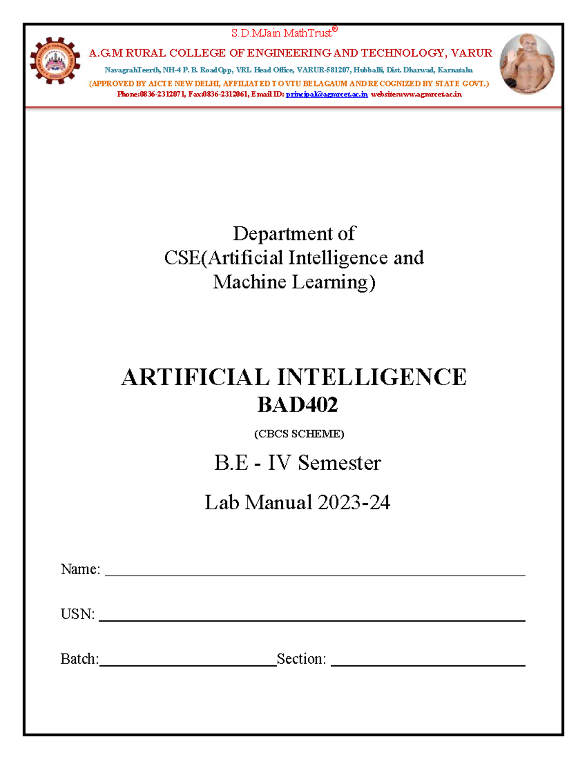 AI Lab Manual for Artificial Intelligence BAD402 - B.E IV Sem - Studocu