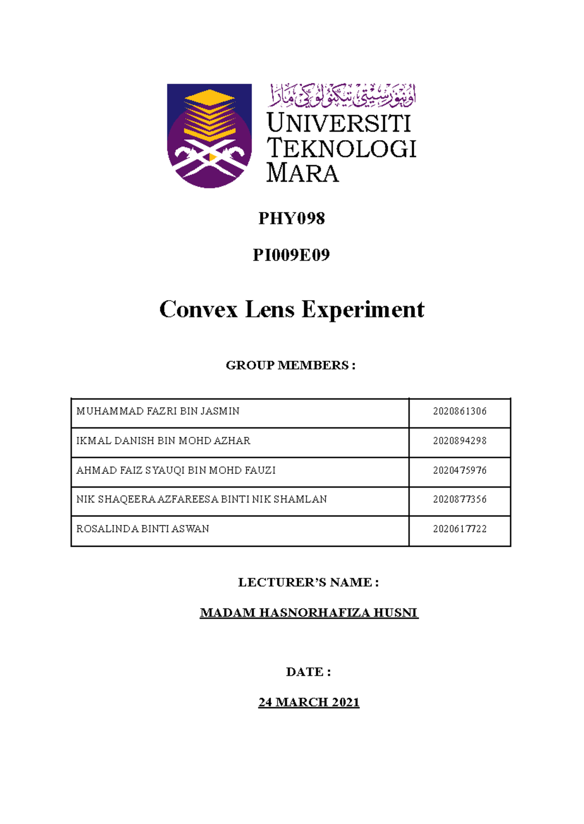 Convex Lens Lab Report - PHY094 Experiment Analysis and Findings - Studocu