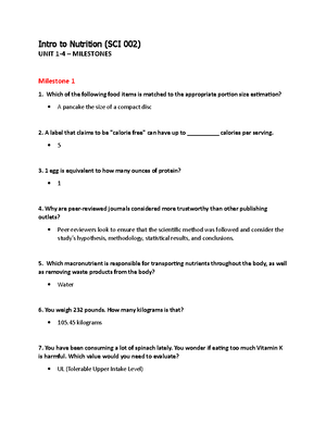 Intro to Nutrition Milestone 3 - Introduction to Nutrition Milestone 3 All are correct 1 Which ...