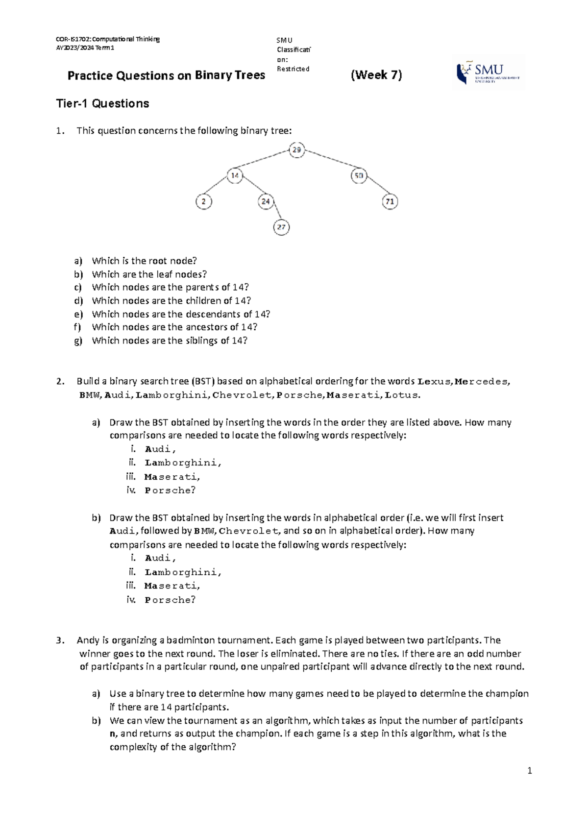 Tutorial Trees - practice questions - AY2023/2024 Term 1 Practice Questions on Binary Trees ...