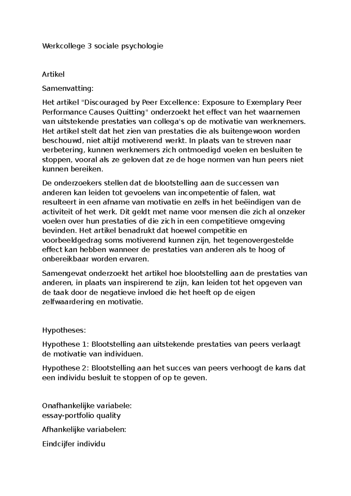 Werkcollege 3: Impact van Peer Excellence op Motivatie in Sociale ...