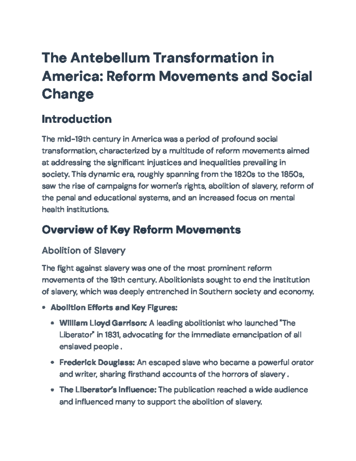 Reform Movements in the Antebellum Era (19th Century) Analysis - Studocu